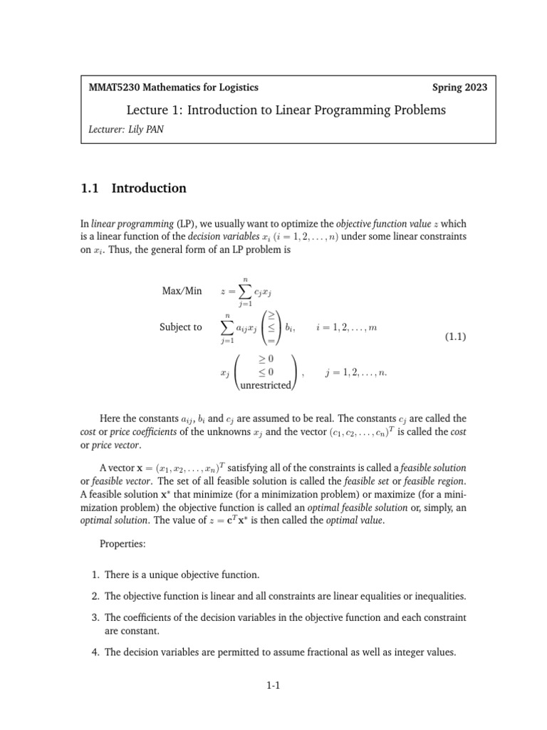Lecture1 Introduction To Linear Programming | PDF