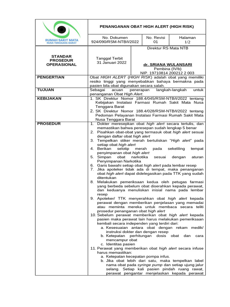 3.1.1 Spo Penanganan Obat High Alert | PDF