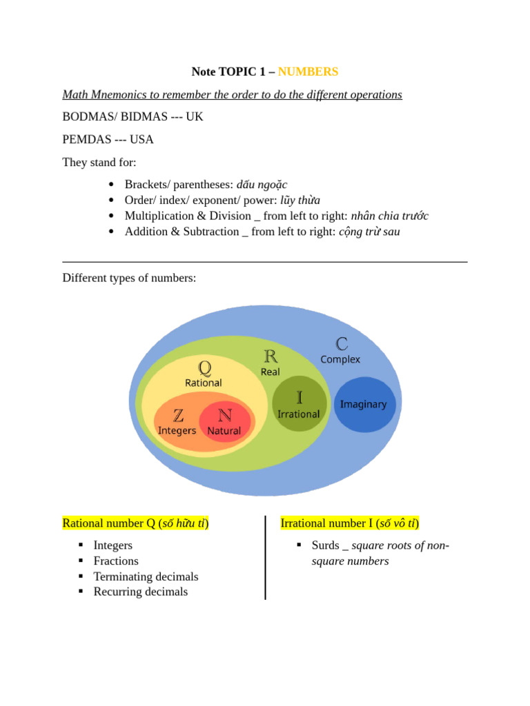 Note Topic 1 - Numbers | PDF