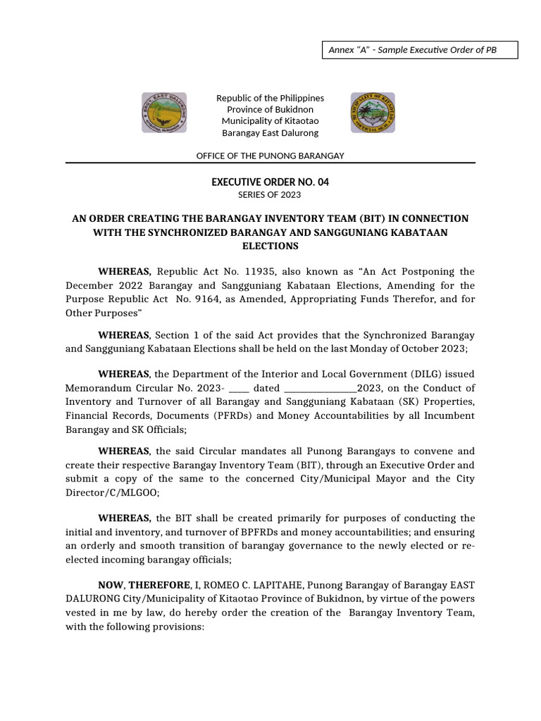 E.O Barangay Inventory Team | PDF