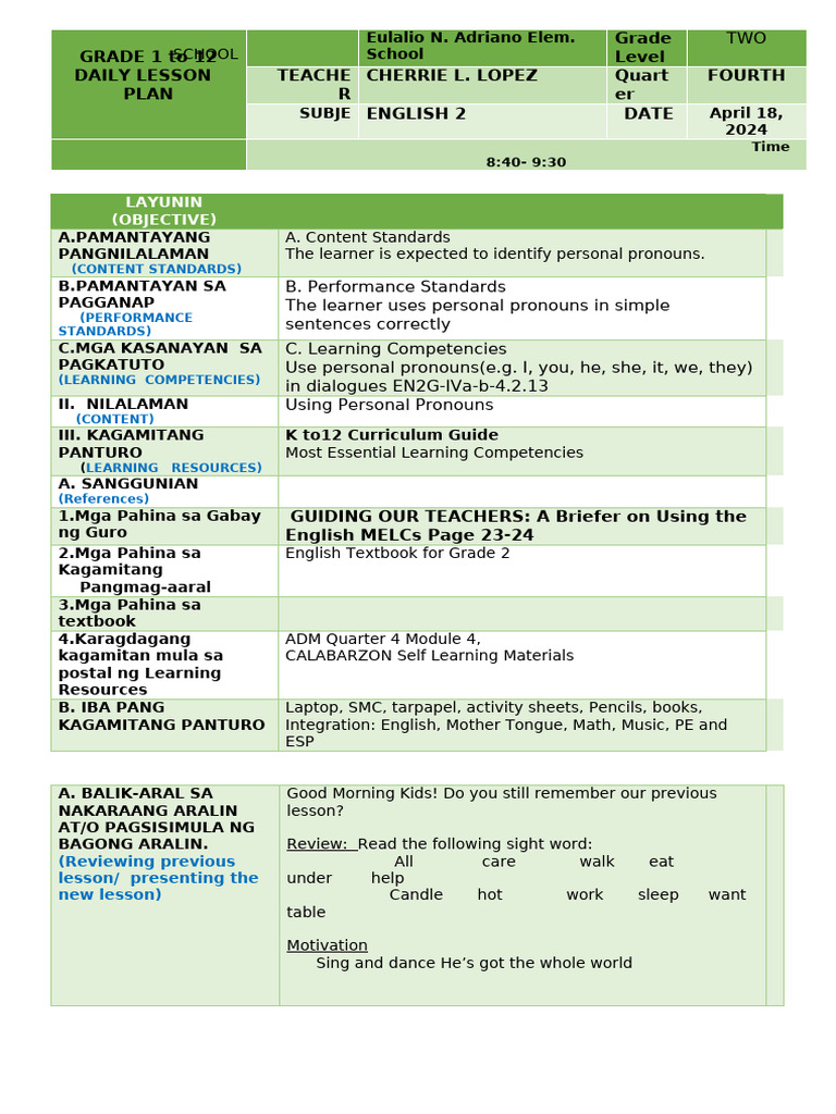 4th Qtr. Cot Grade 2 English | PDF