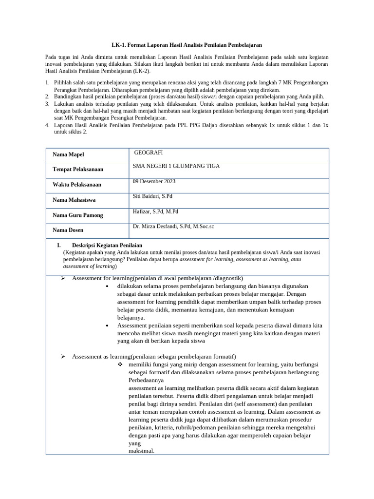 LK Siklus 2 Format Laporan Hasil Analisis (Siti Baiduri) DESA | PDF