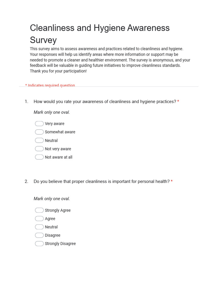 Cleanliness and Hygiene Awareness Survey - Questions | PDF