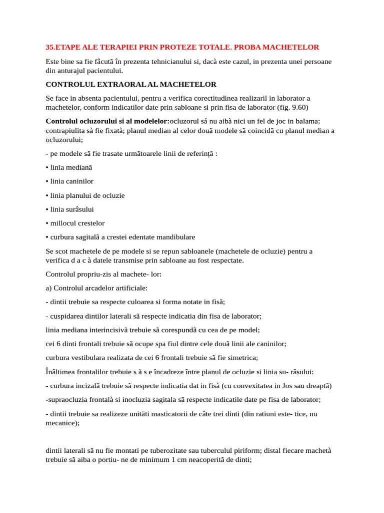 35-Etape Ale Terapiei Prin Proteze Totale. Proba Machetelor | PDF