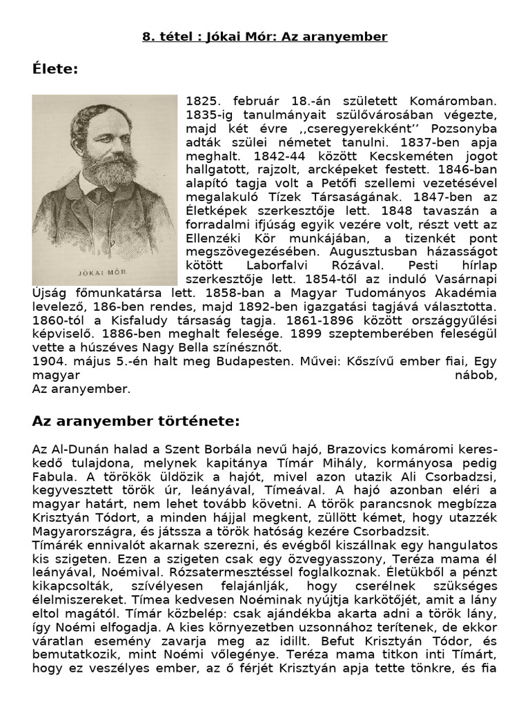 8. tétel Jókai Mór Az arany ember | PDF