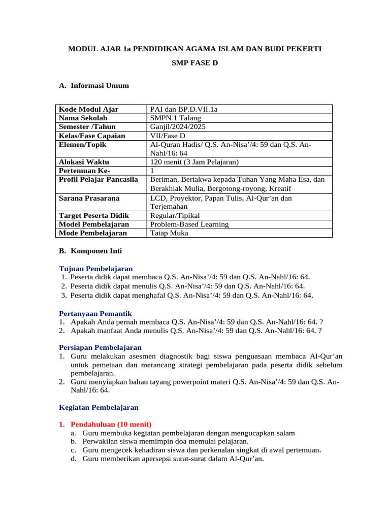 Modul Ajar PAI K-VII SEM 1 | PDF