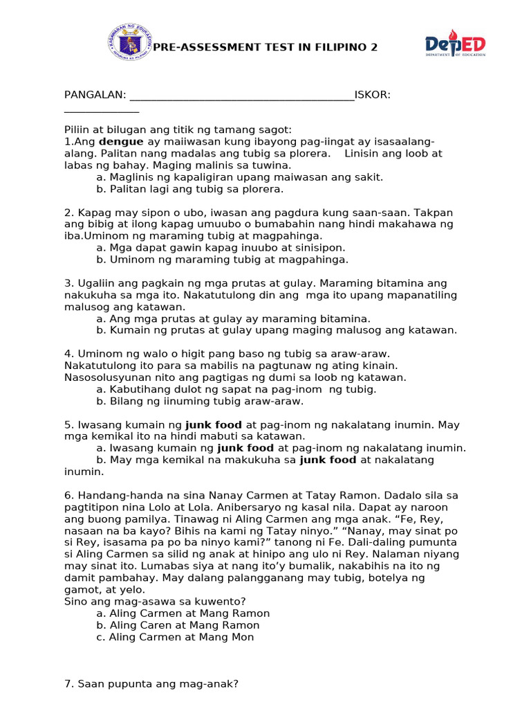 Filipino 2 Pre-Assessment Test | PDF | Language Arts & Discipline