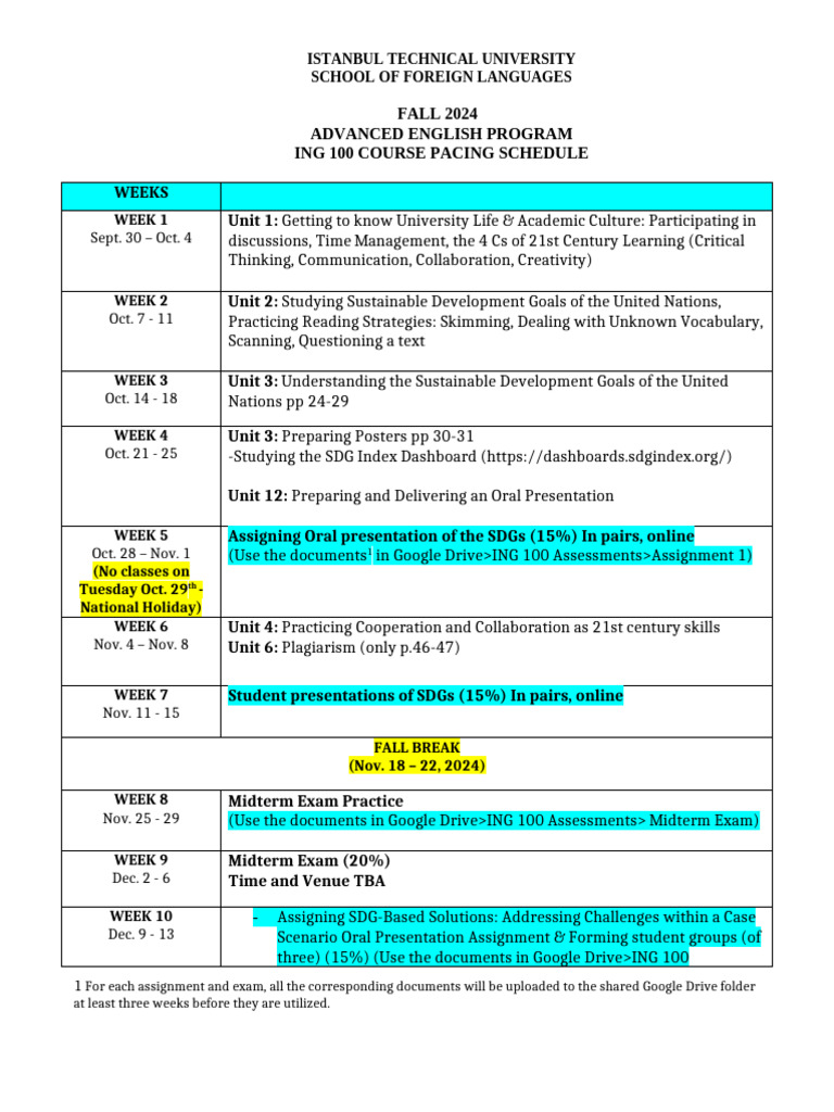 ING 100 Fall 2024 Pacing Schedule | PDF