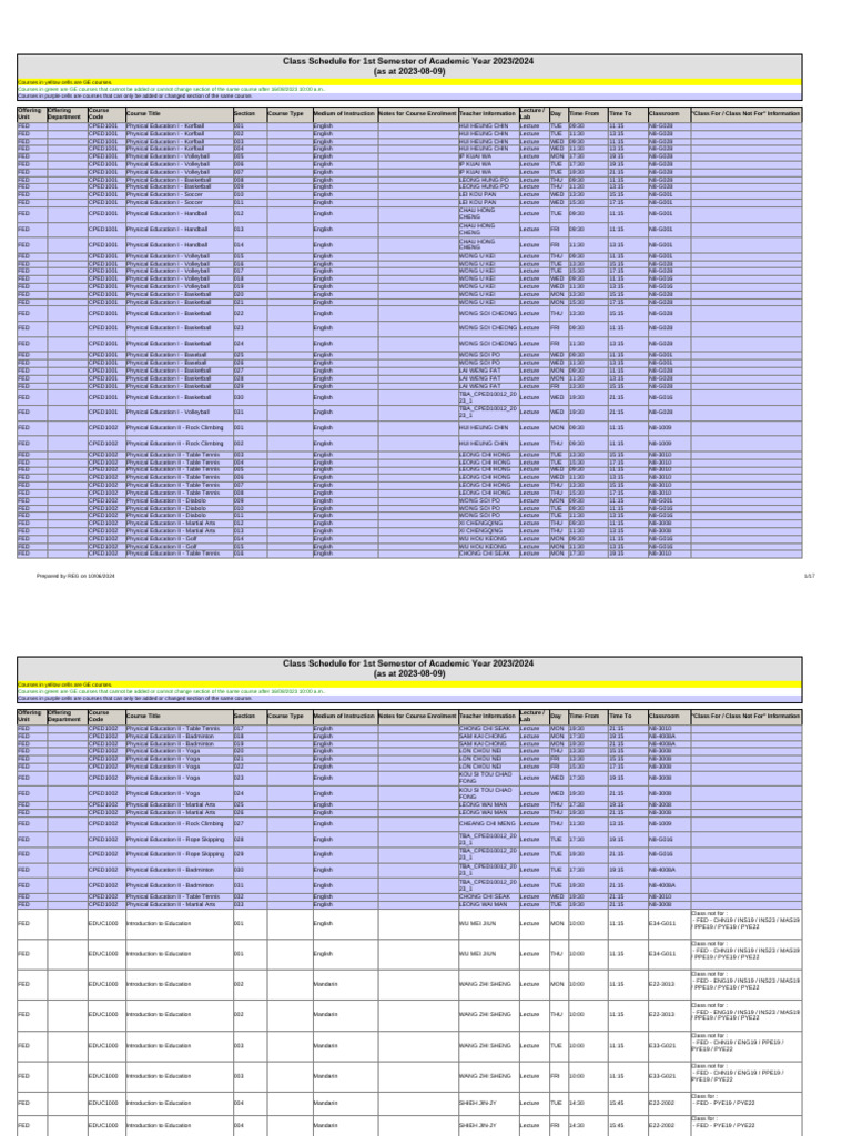 Class Schedules for 1st Semester of Academic Year 2023 2024 2023-08-09 | PDF
