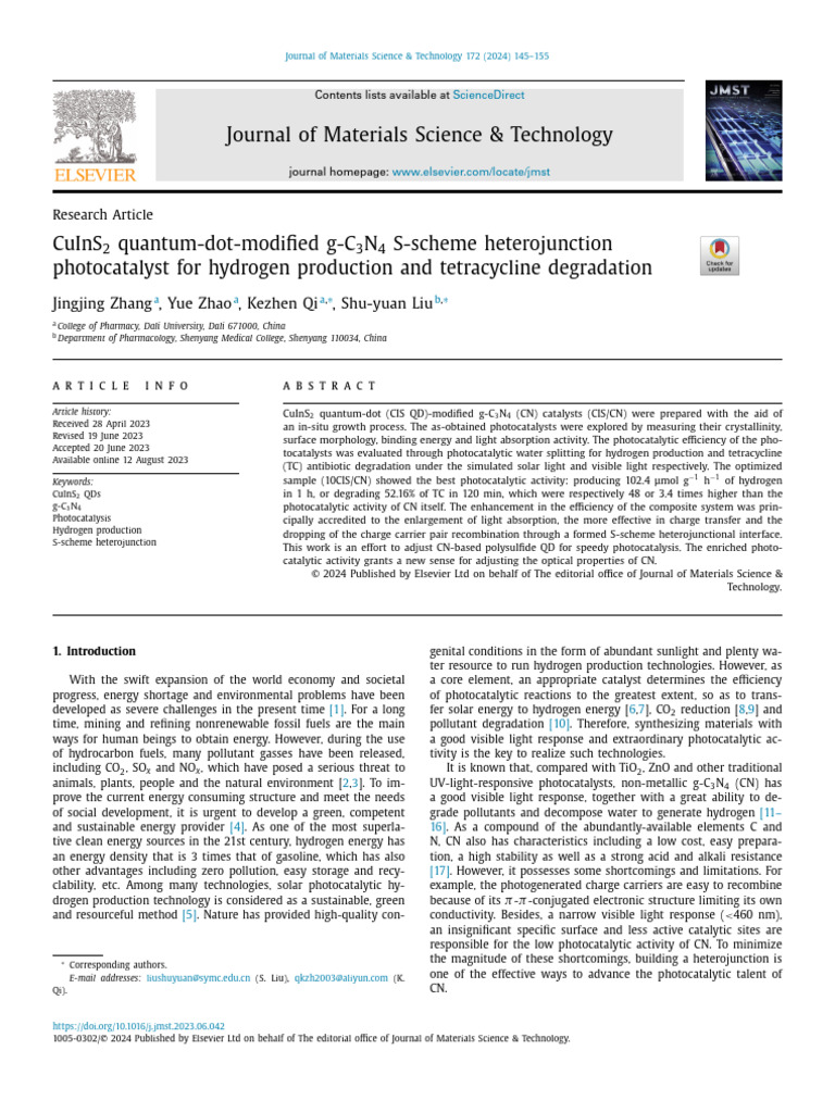 CuInS2 Quantum-Dot-Modified g-C3N4 S-Scheme Heterojunction Photocatalyst For Hydrogen Production ...