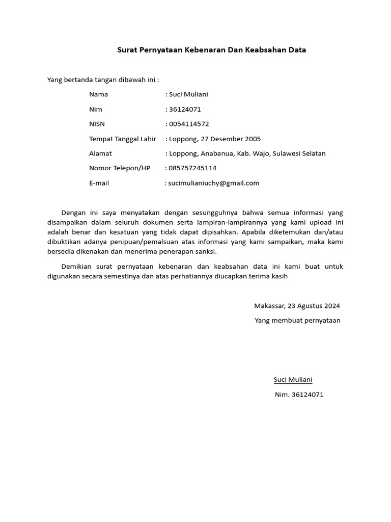 Surat Pernyataan Kebenaran Dan Keabsahan Dat1 | PDF