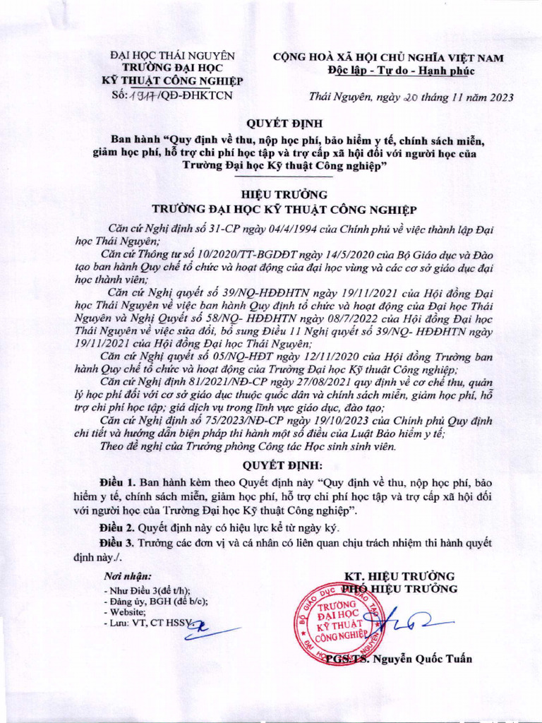 QyD Thu Nop Cac Khoan Phi C A Tnut | PDF