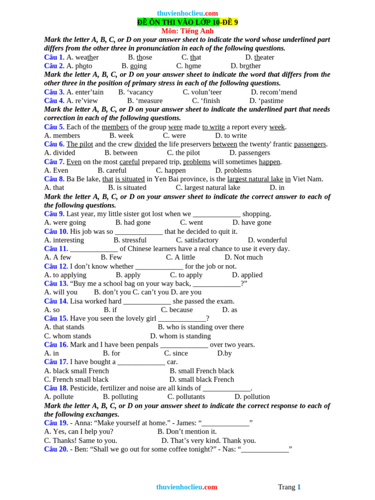 De Thi Thu Vao 10 Tieng Anh Form Moi de 9 | PDF