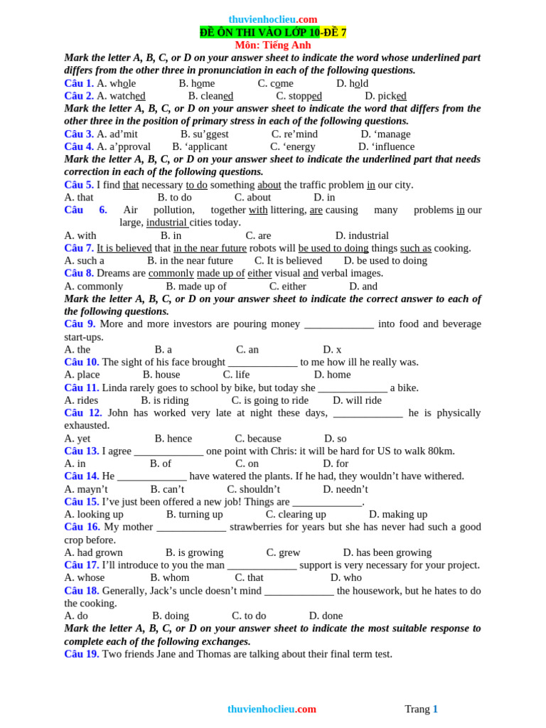 De Thi Thu Vao 10 Tieng Anh Form Moi de 7 | PDF