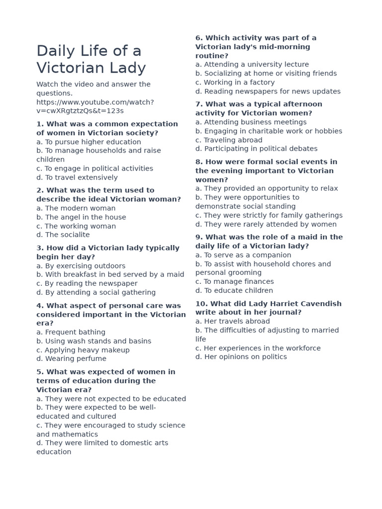 DAily Life of A Victorian Lady Quiz | PDF