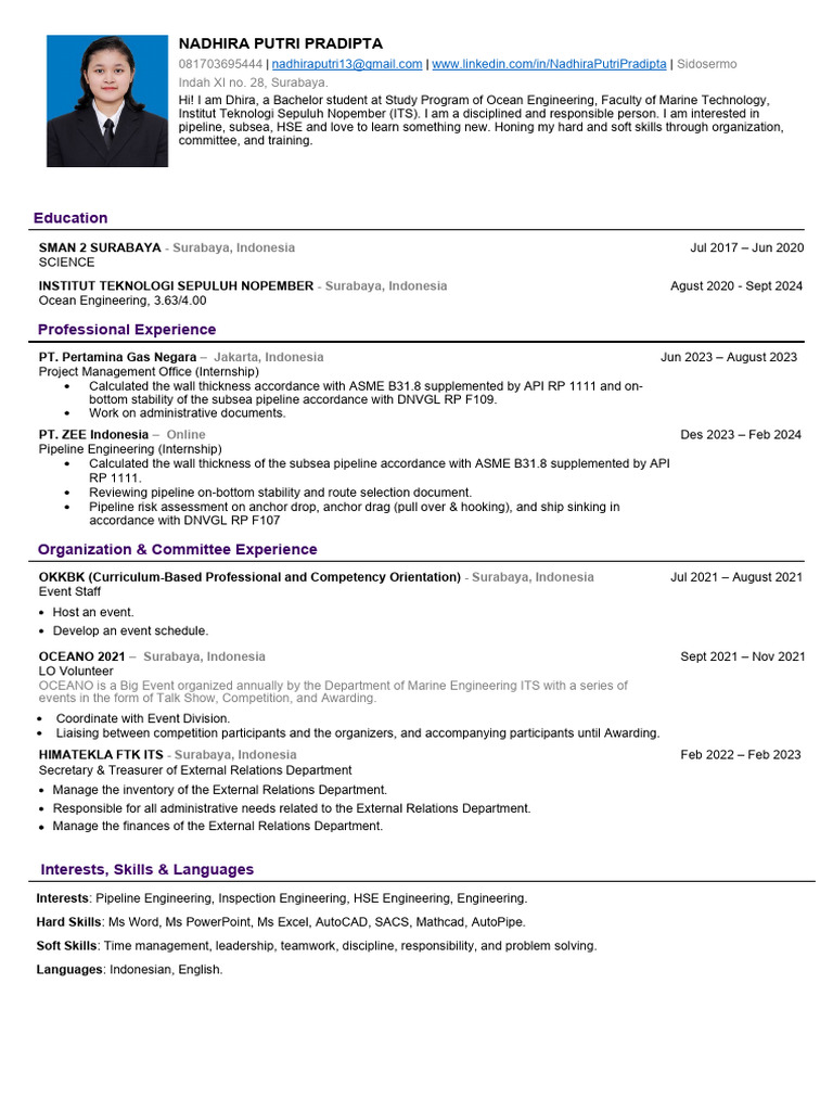 CV - Nadhira Putri Pradipta | PDF