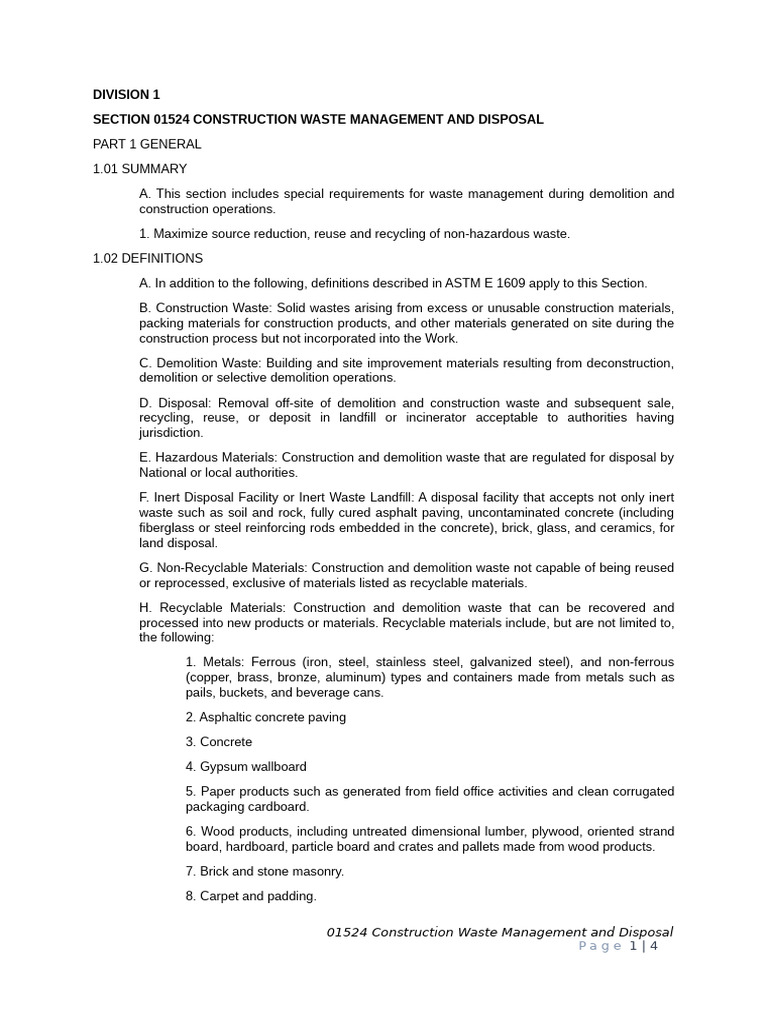Div 1. Section 01524 Construction Waste Management and Disposal | PDF