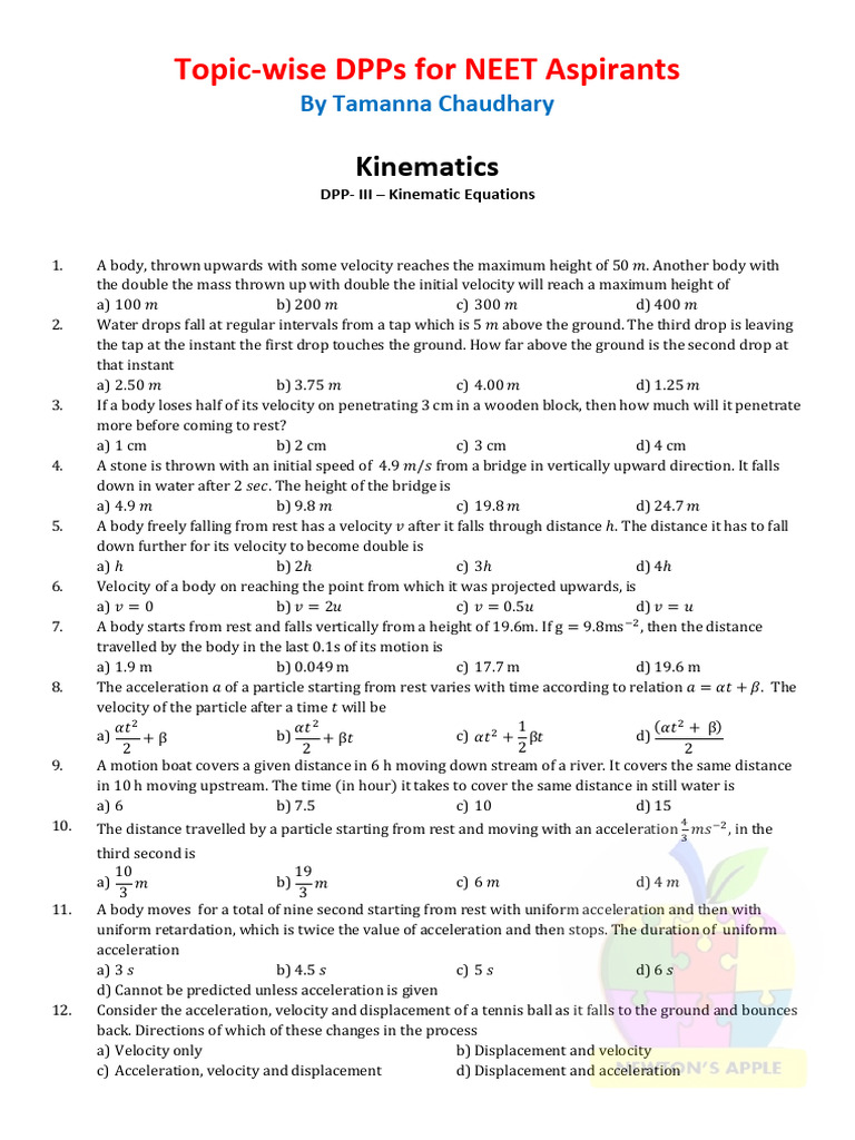 S DPP Kinematics - III - 1708829603488210 | PDF | Acceleration | Velocity