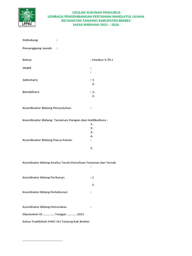 Form SUSUNAN PENGURUS LPP NU Kec Tanjung | PDF