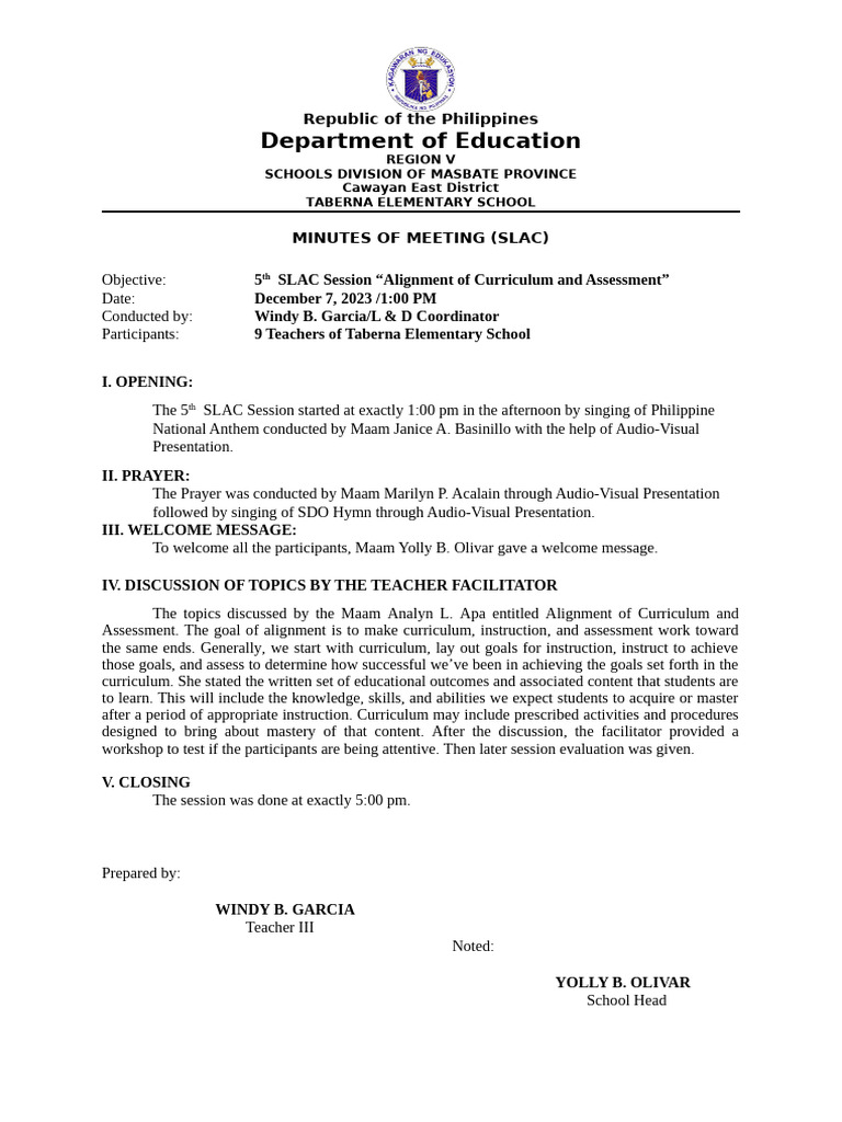 MINUTES OF MEETING Slac | PDF