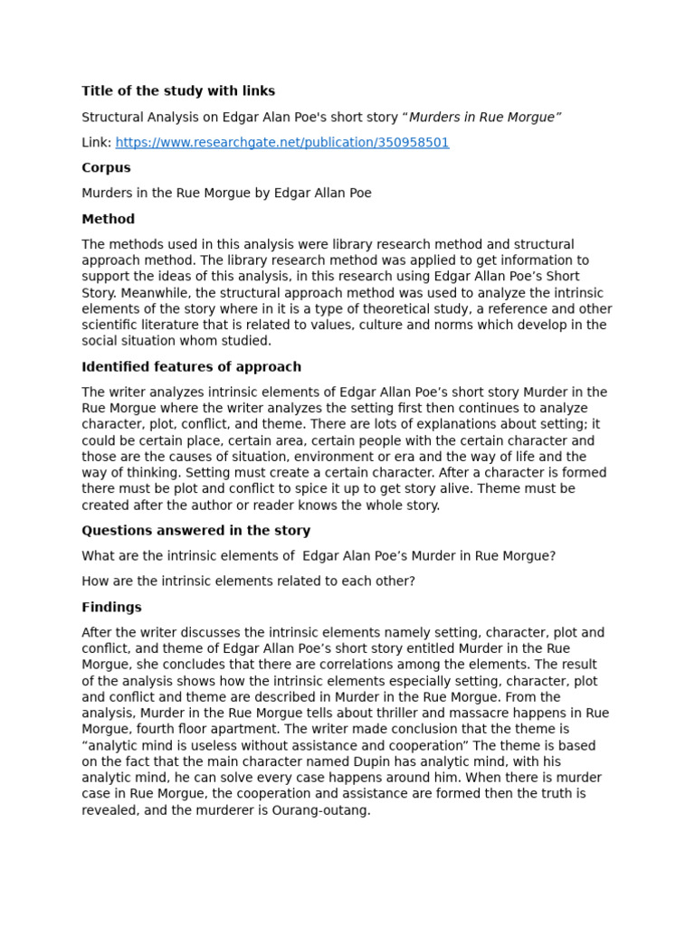 Structural Analysis On Edgar Alan Poe's Murder in Rue Morgue | PDF ...