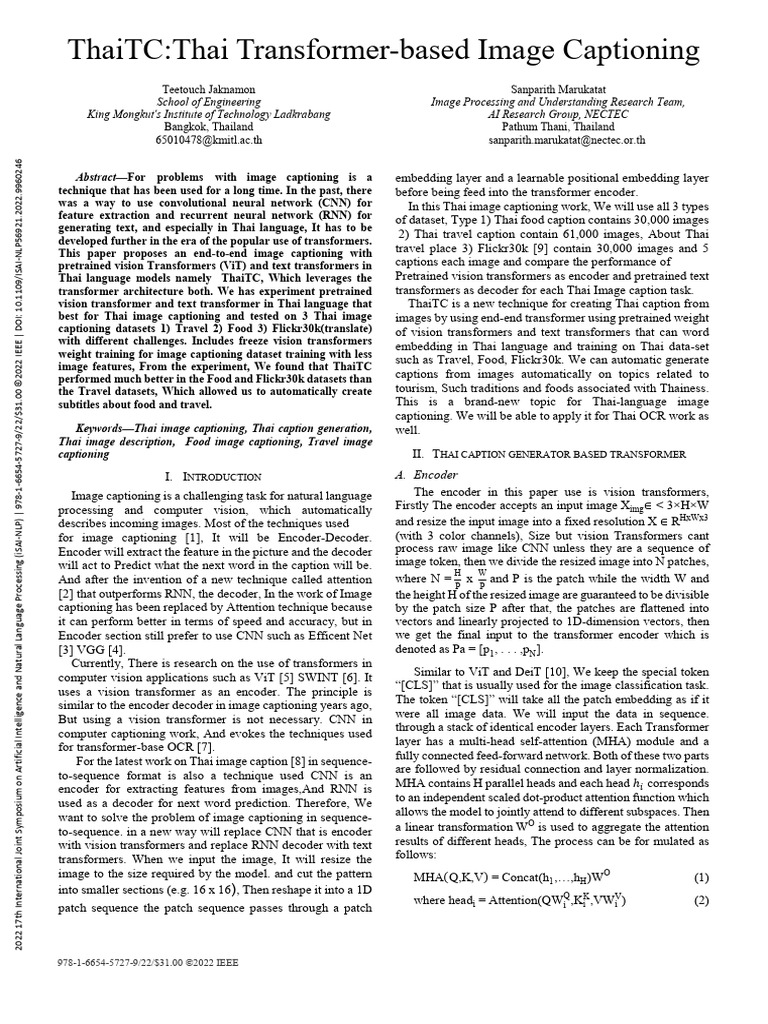 ThaiTCThai Transformer-Based Image Captioning | PDF