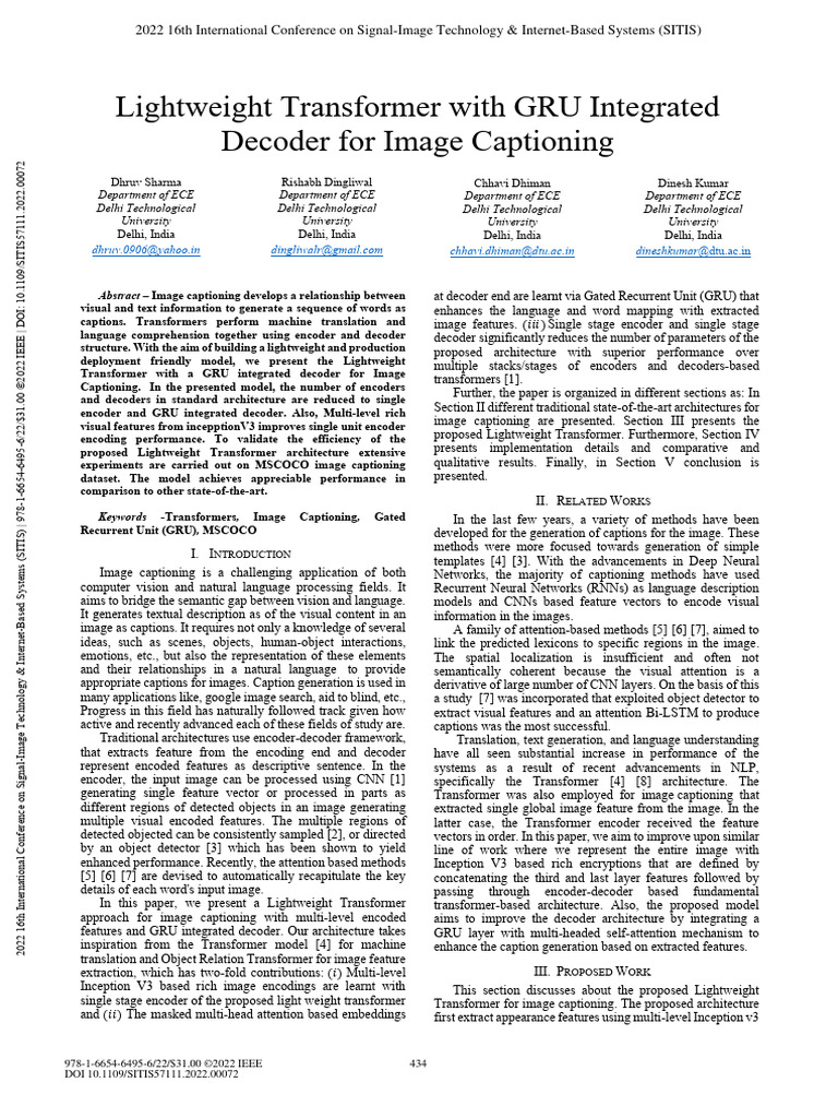Lightweight Transformer With GRU Integrated Decoder For Image Captioning | PDF