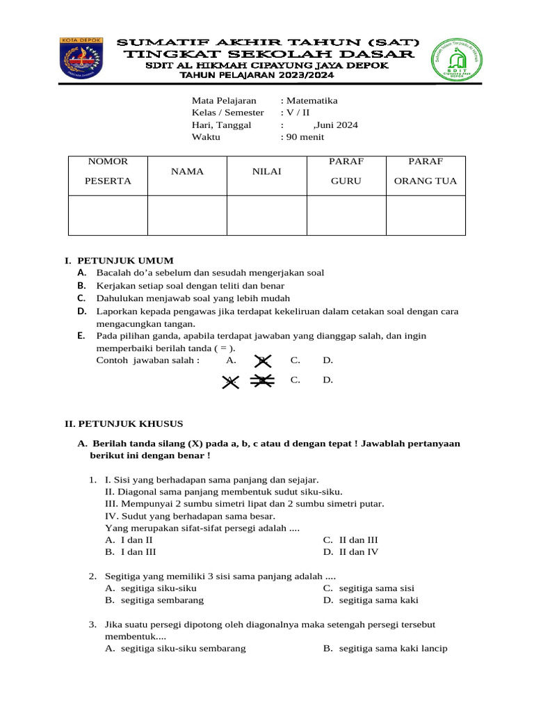 Soal Sat MTK KLS 5 | PDF