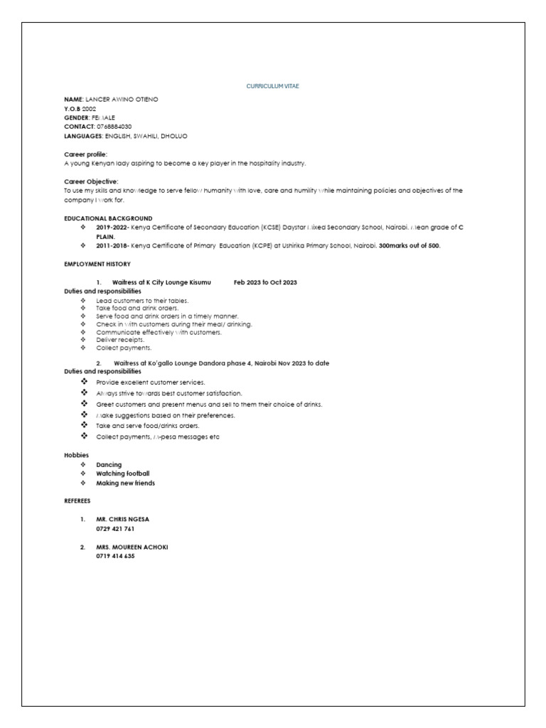 CURRICULUM VITAE Lancer Awino | PDF