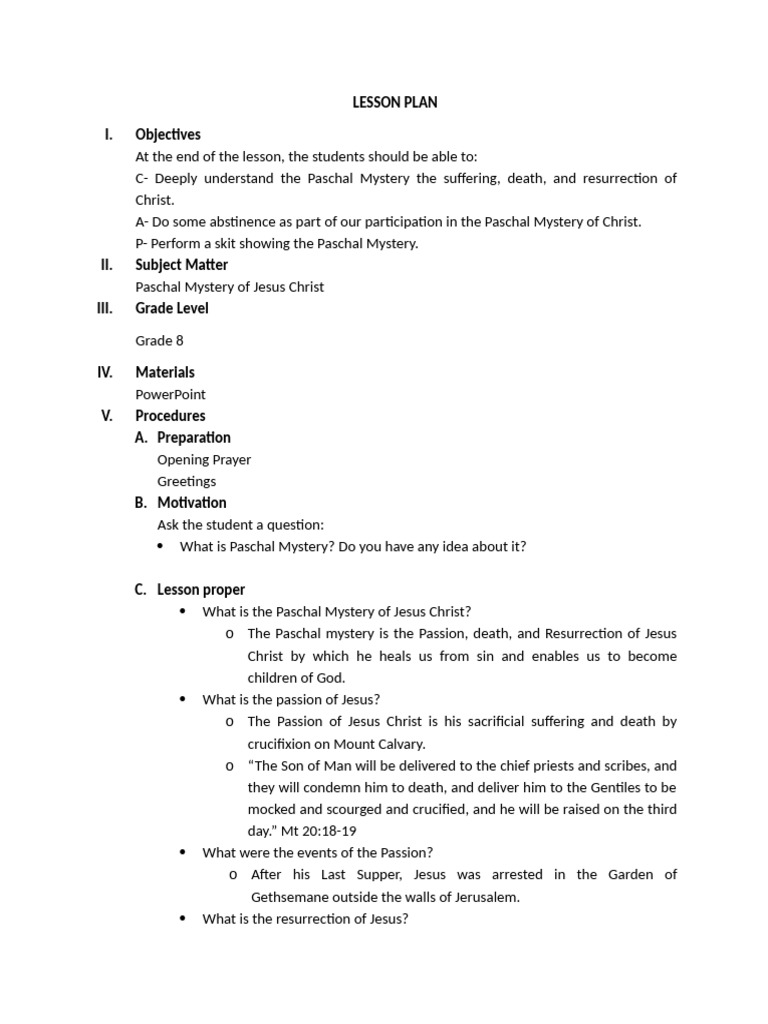 lesson plan paschal mystery | PDF