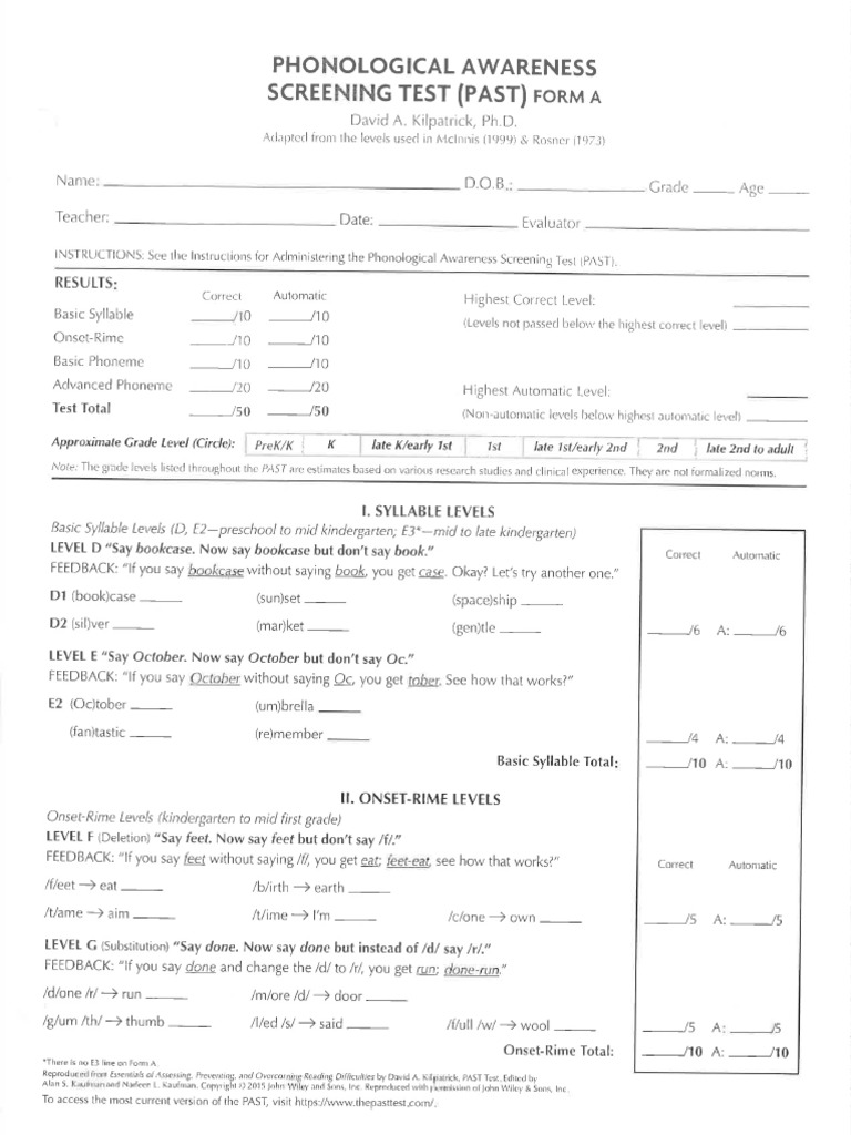 Phonological Awareness Screening Test (PAST) Forms | PDF