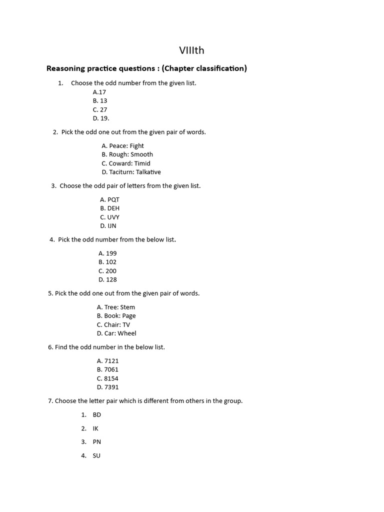 VIIIth Reasoning Chapter Classification | PDF