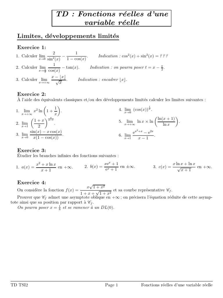 Chapitre 1 Fonctions Réelles D - Une Variable Réelle Exercices | PDF