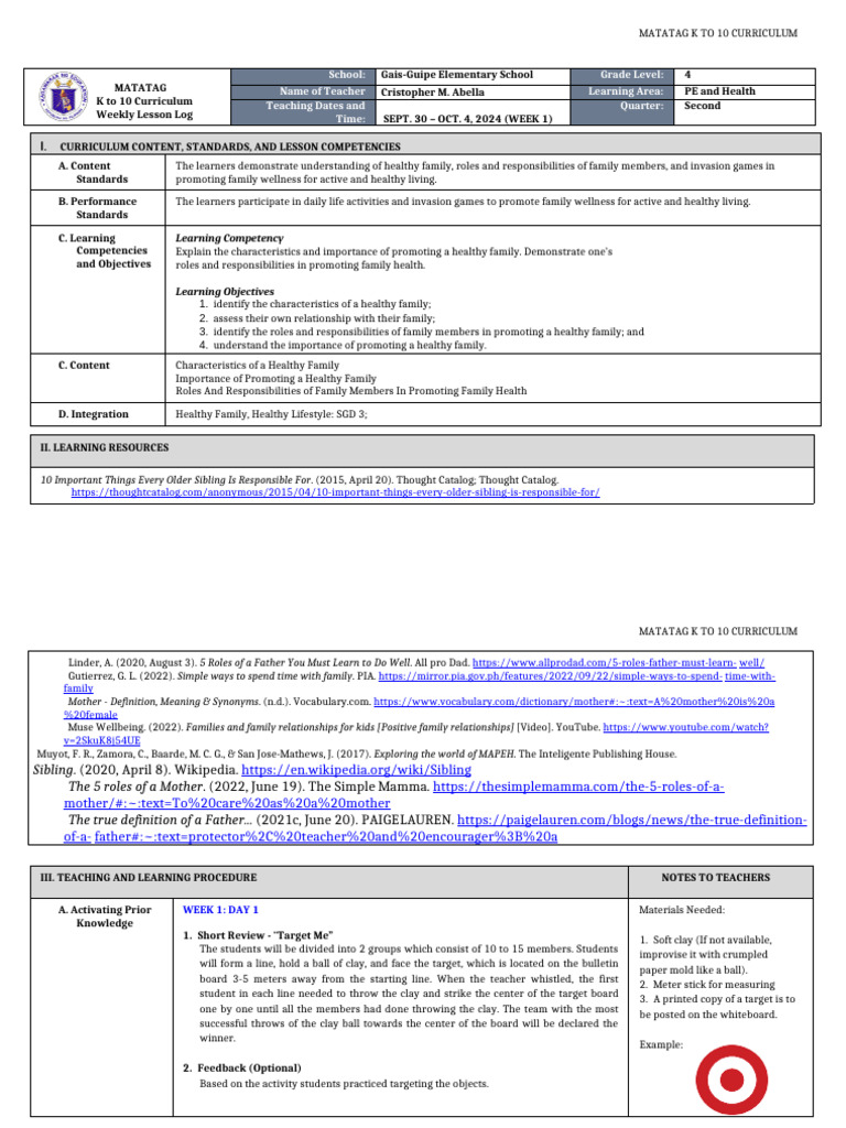 DLL Matatag - Pe & Health 4 Week1-2 | PDF
