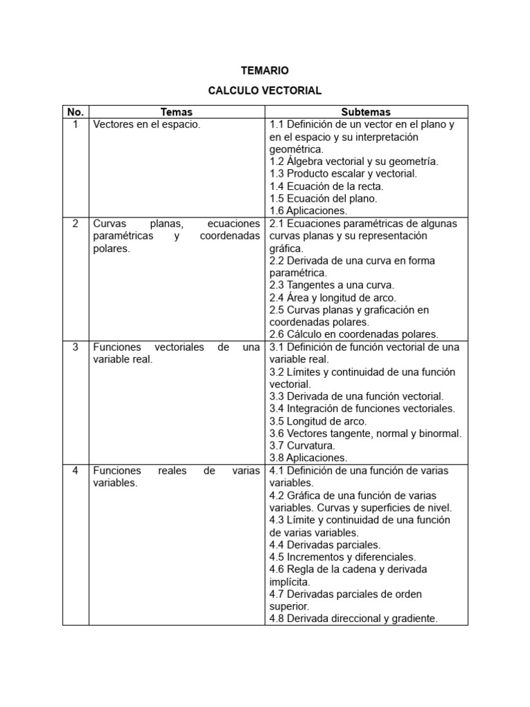 Temario Calculo Vectorial | PDF