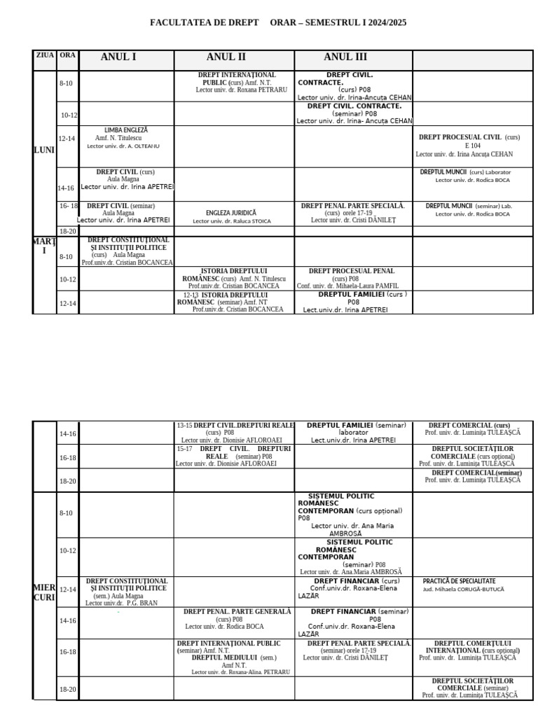 Orar Drept Sem - I - 2024-2-25 | PDF