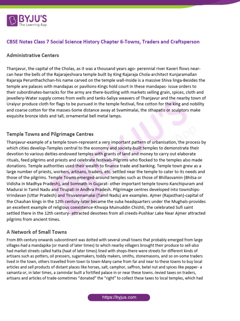 CBSE Notes Class 7 Social Science History Chapter 6 Towns Traders and ...