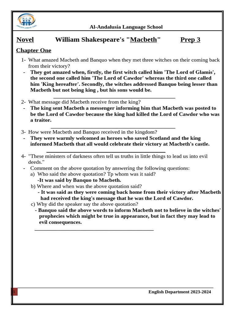 Shakepeare' S Macbeth (Prep 3) | PDF