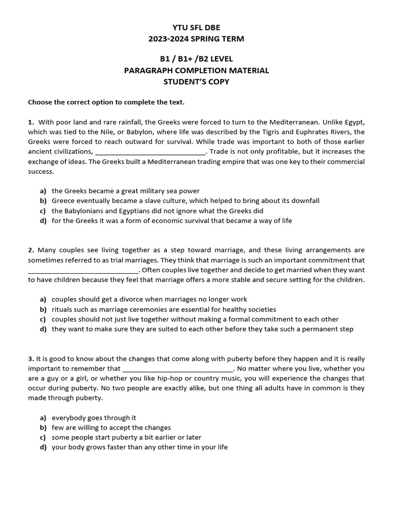 Paragraph Completion Material - SC | PDF