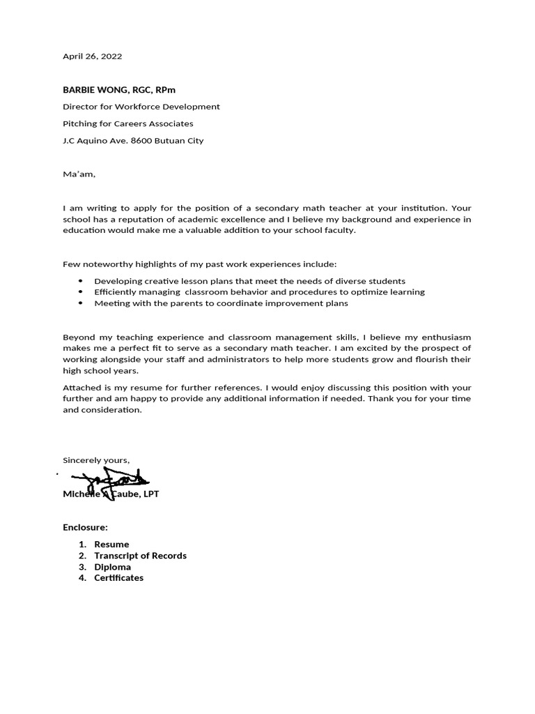 Michelle Caube - (Application Letter) | PDF