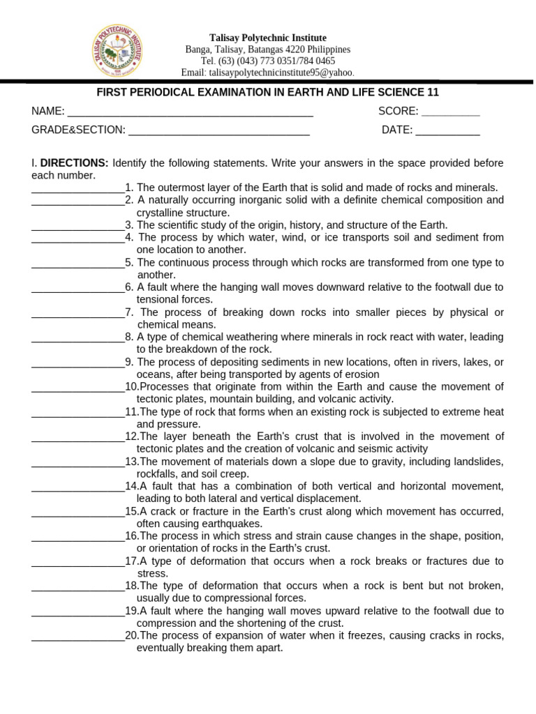 Earth and Life Science Exam Guide | PDF | Fault (Geology) | Rock (Geology)