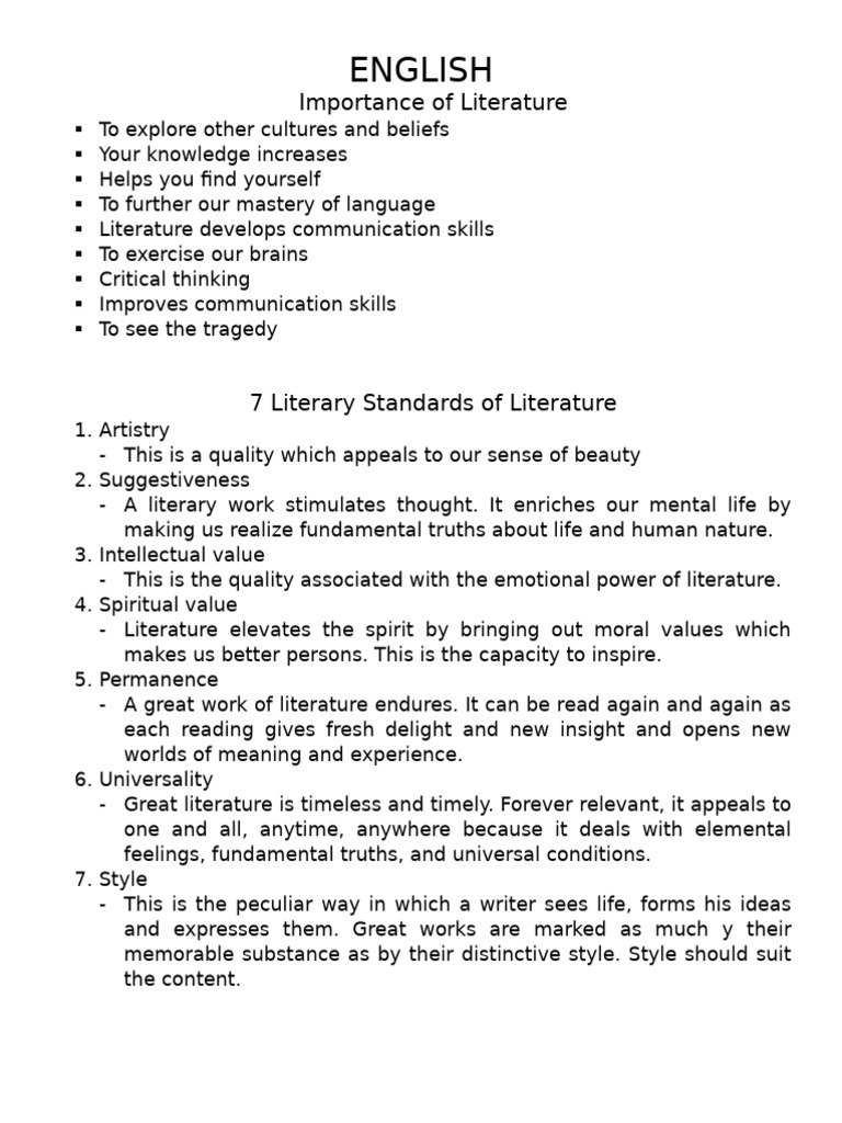 English Literature - Importance and 7 Literary Standards | PDF
