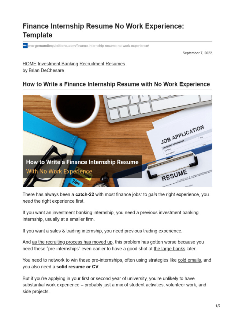 Finance Internship Resume No Work Experience Template | PDF