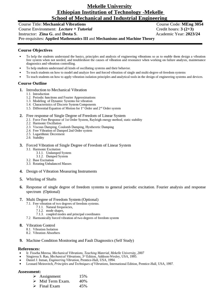 Course Outline MEng 3054 2016 | PDF