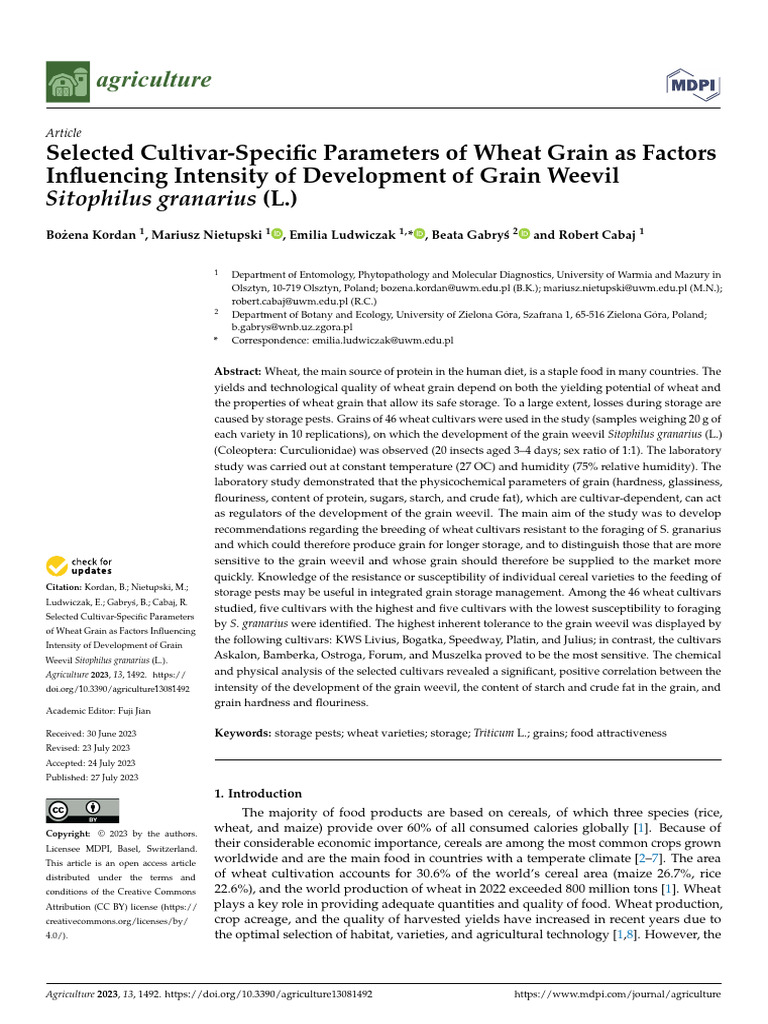 Selected Cultivar-Specific Parameters of Wheat Gra | PDF