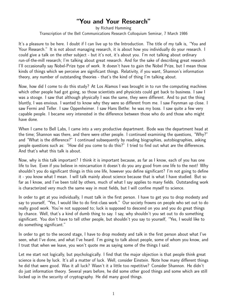 You and Your Research by Richard Hamming | PDF