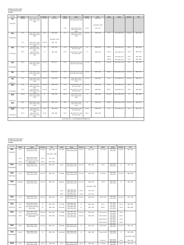 2024 Sec 1 - 3 EOY Exams Timetable - Final - Updated 16 Aug 2024 | PDF