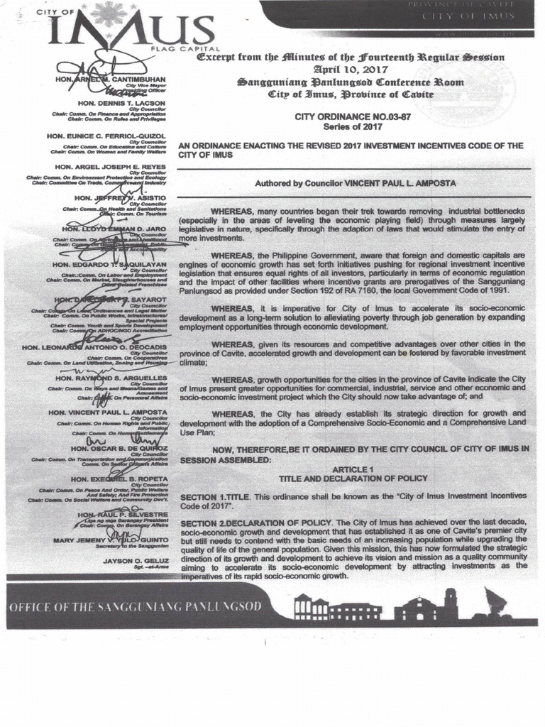 Investment Incentive Code of The City of Imus | PDF