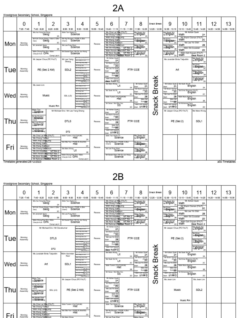 2024 - Sem1 - Sec2 - Class - Timetable - 28 Dec | PDF