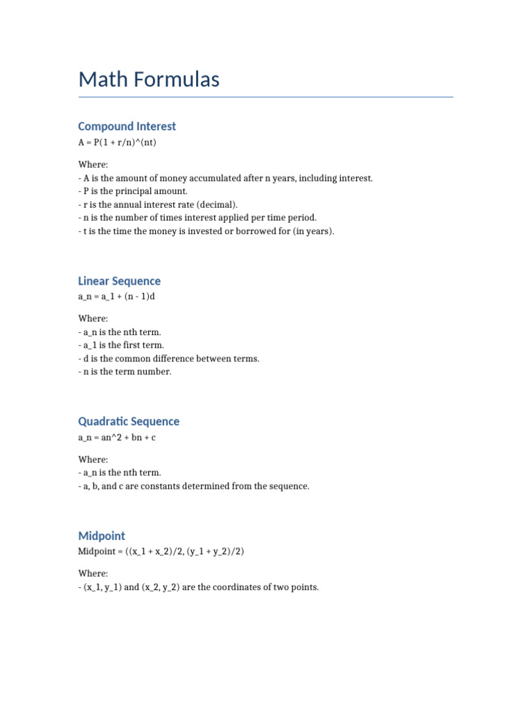Math Formulas Grade 9 | PDF